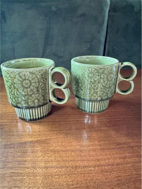 Dining | Vintage Midcentury Mcm Japanese Stacking Mugs Olive Green ...
